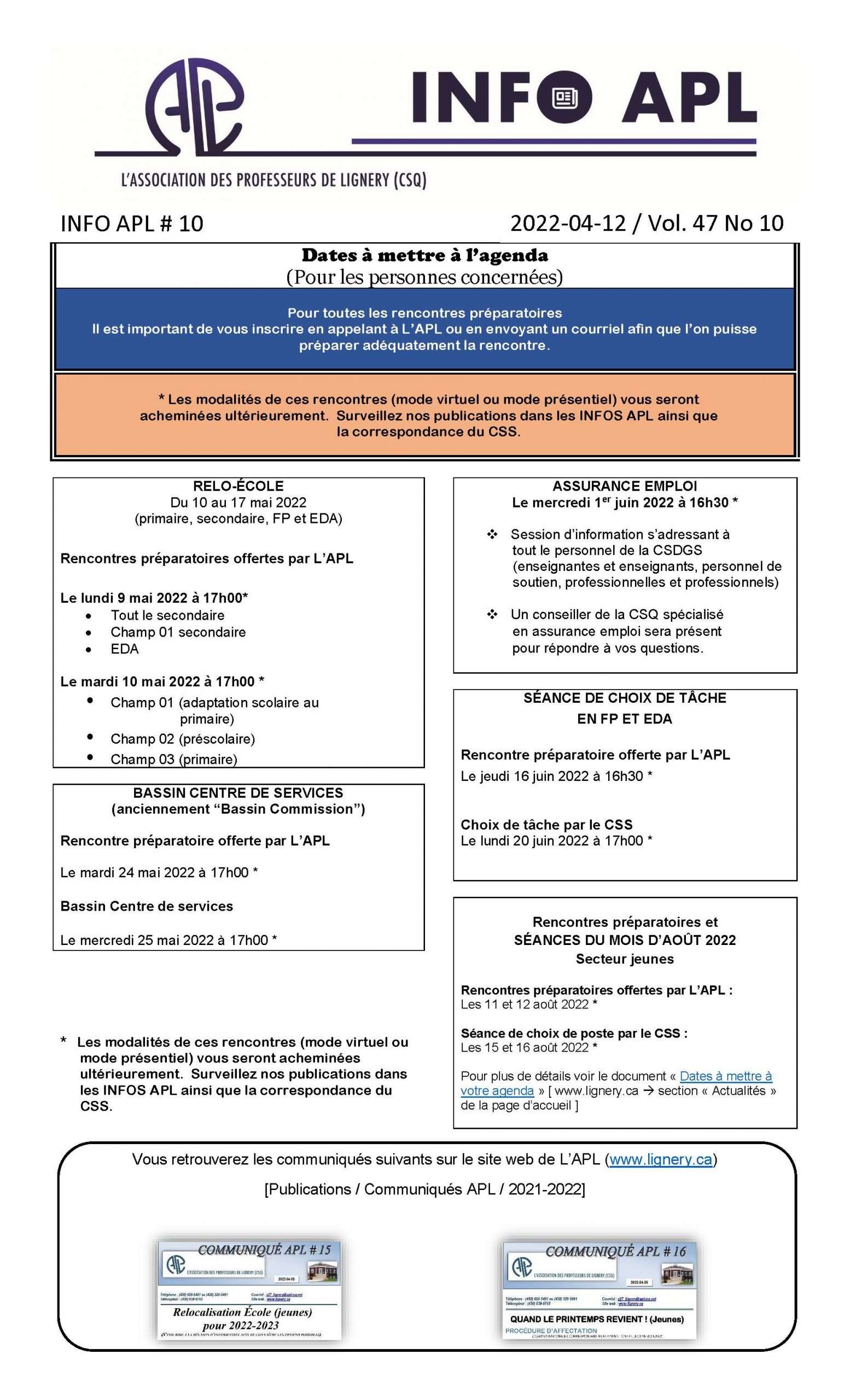 INFO APL 2021-2022 | Association des professeurs de Lignery (FSE-CSQ)