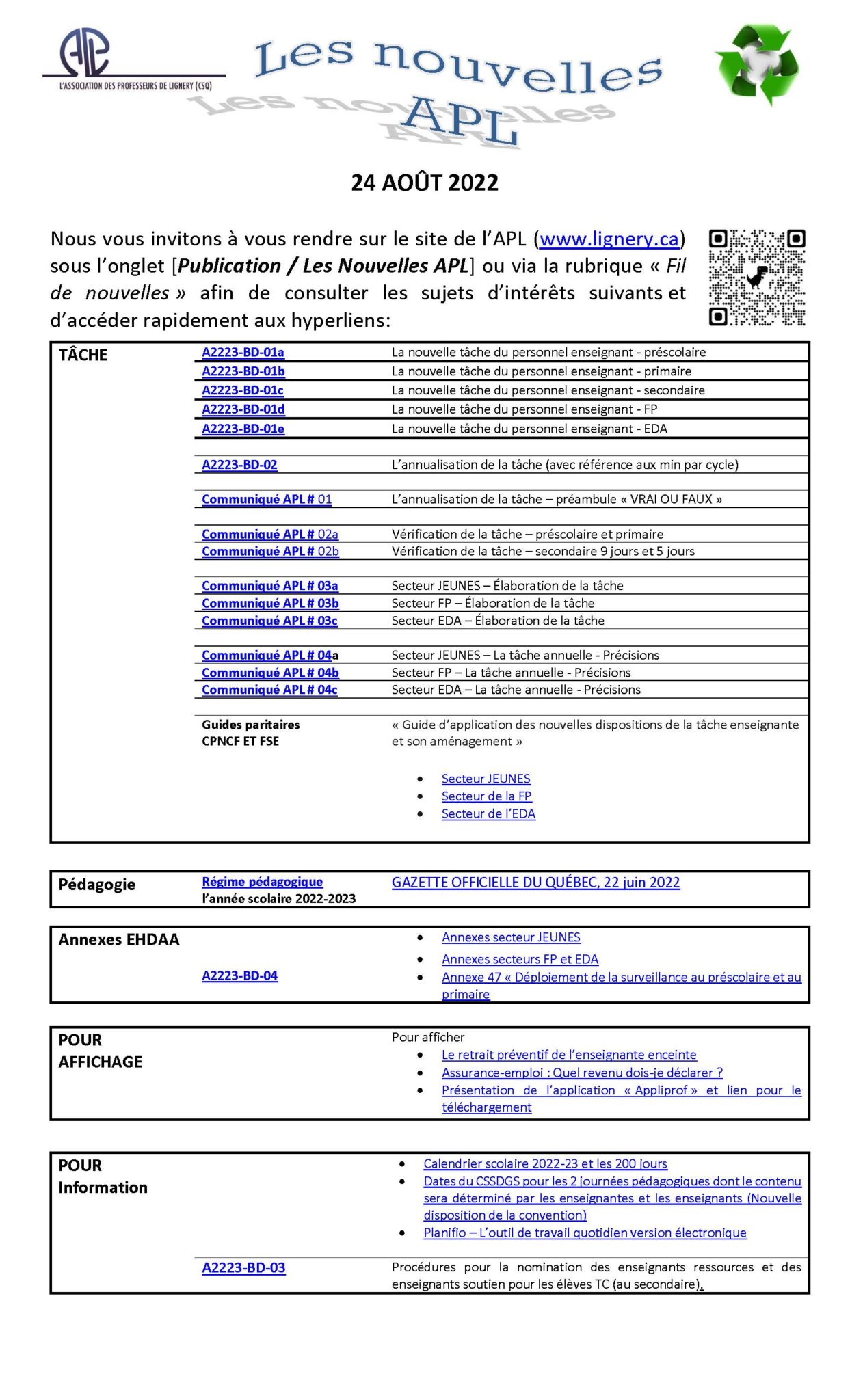 Les Nouvelles APL du 24 août 2022 | Association des professeurs de ...