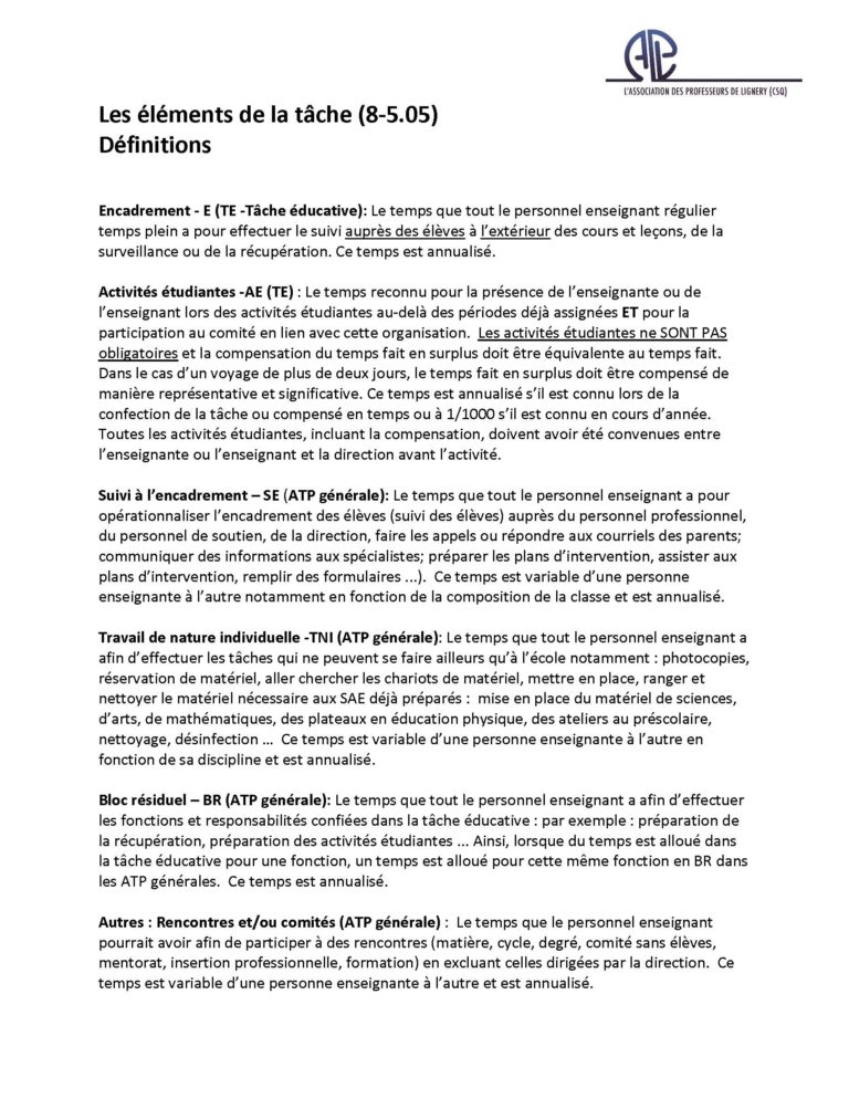 Tâche 2022-2023 | Association des professeurs de Lignery (FSE-CSQ)