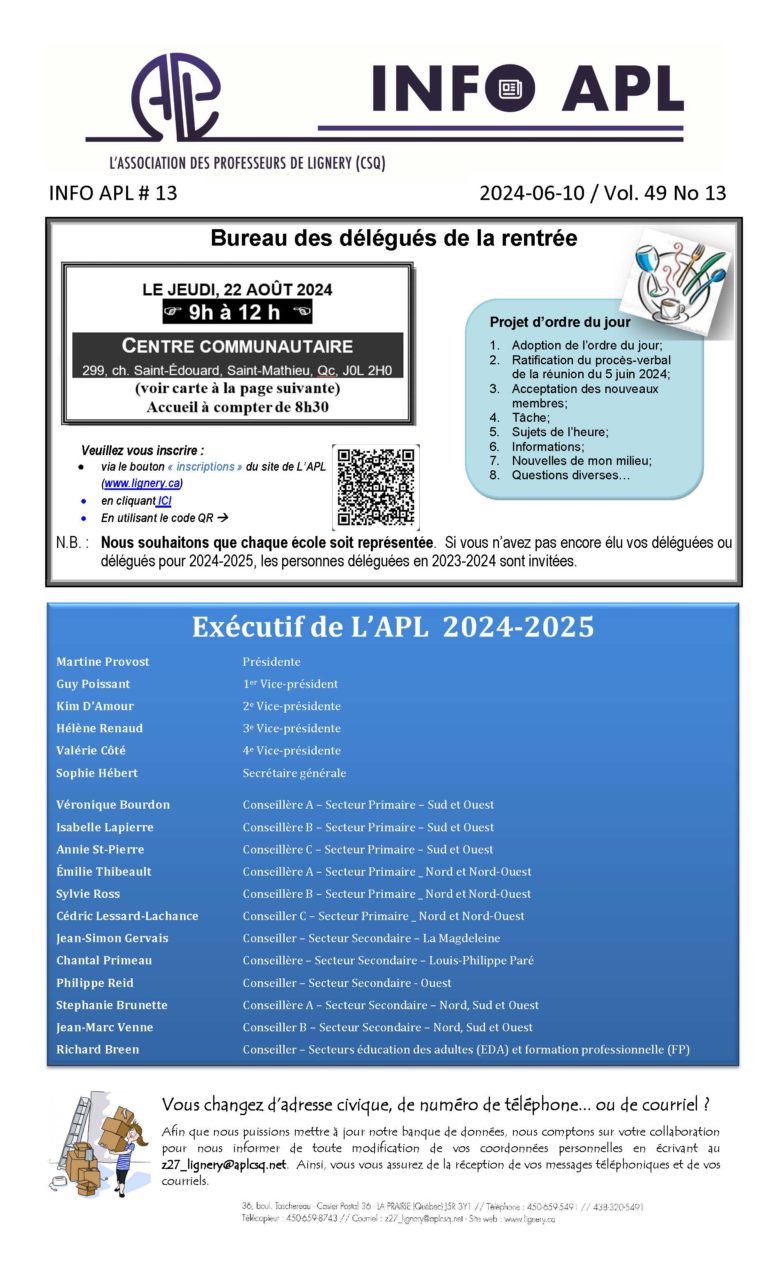 INFOS APL 2023-2024 | Association des professeurs de Lignery (FSE-CSQ)